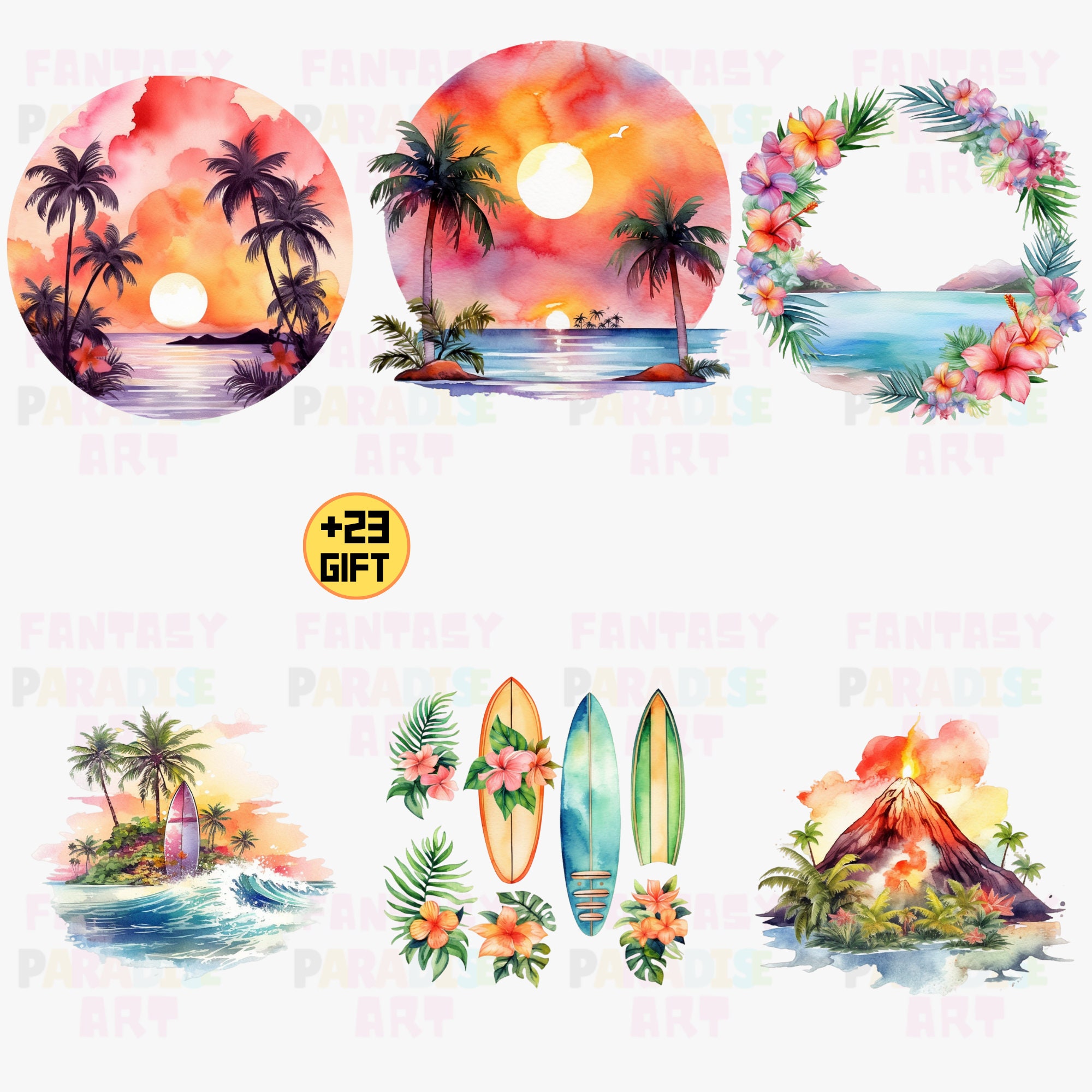 Hawaii Watercolor Clipart, Tropical Island Summer Surfing Pastel ...