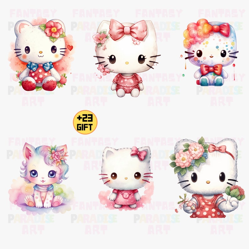 Hello Kittys PNG Stickers Bundle, Cute Kawaii Clipart, Kitty Designs ...