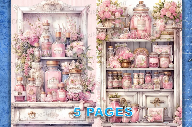 Pink Kitchen Pantry Postcard Ephemera Junk Journal Victorian Watercolor ...