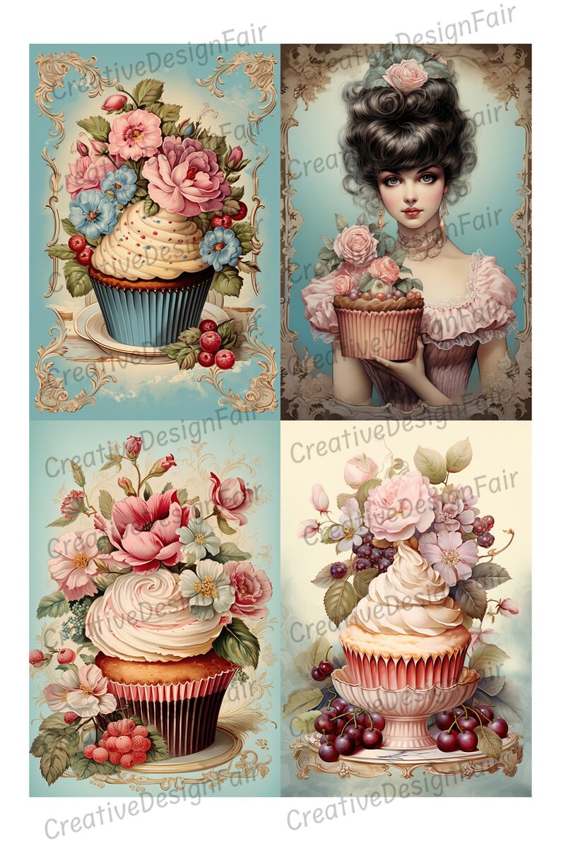 Victorian Cupcake Flowers Dessert Postcard Ephemera Junk Journal ...