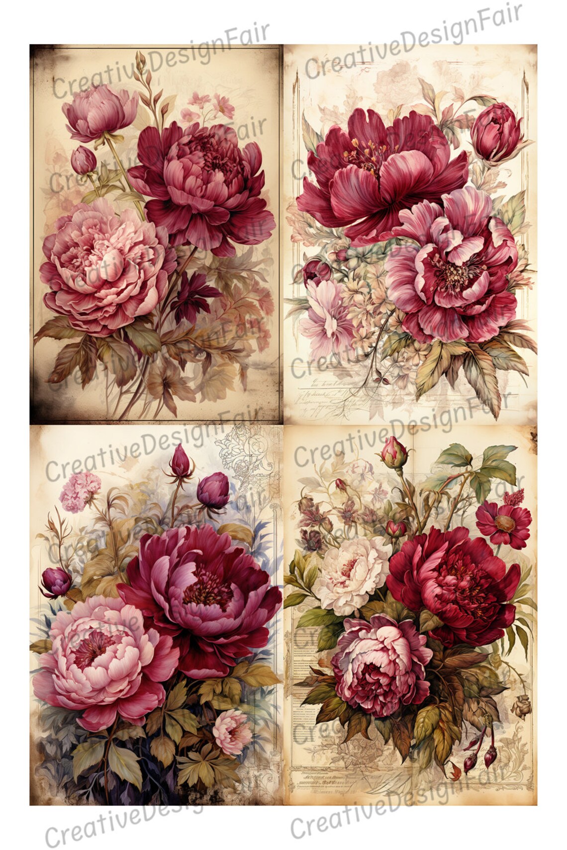 Burgundy Peony Flowers Ephemera: Victorian Watercolor Printable ...