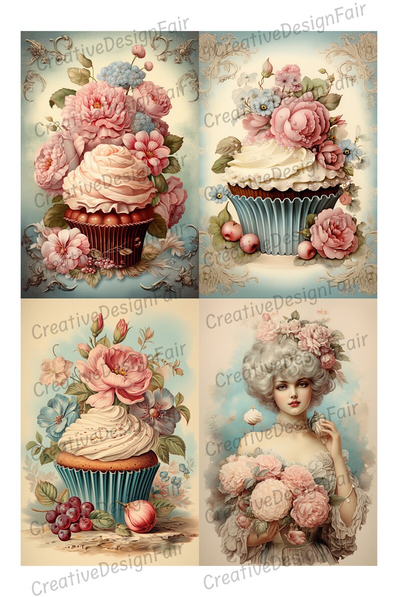 Victorian Cupcake Flowers Dessert Postcard Ephemera Junk Journal ...
