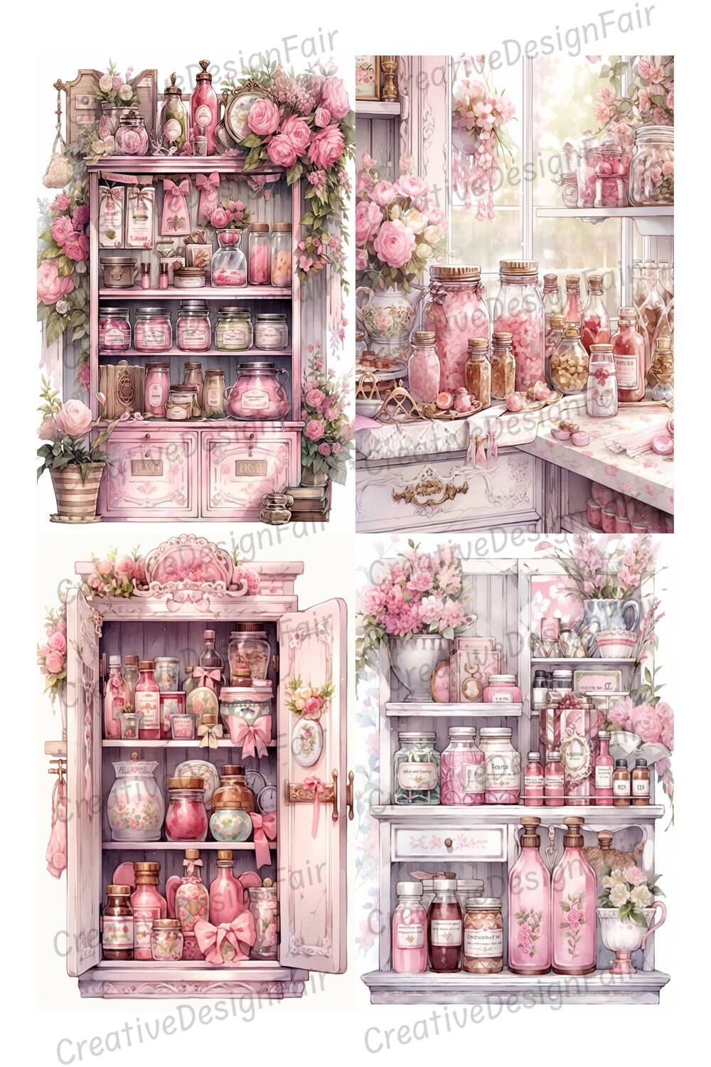 Pink Kitchen Pantry Postcard Ephemera Junk Journal Victorian Watercolor ...