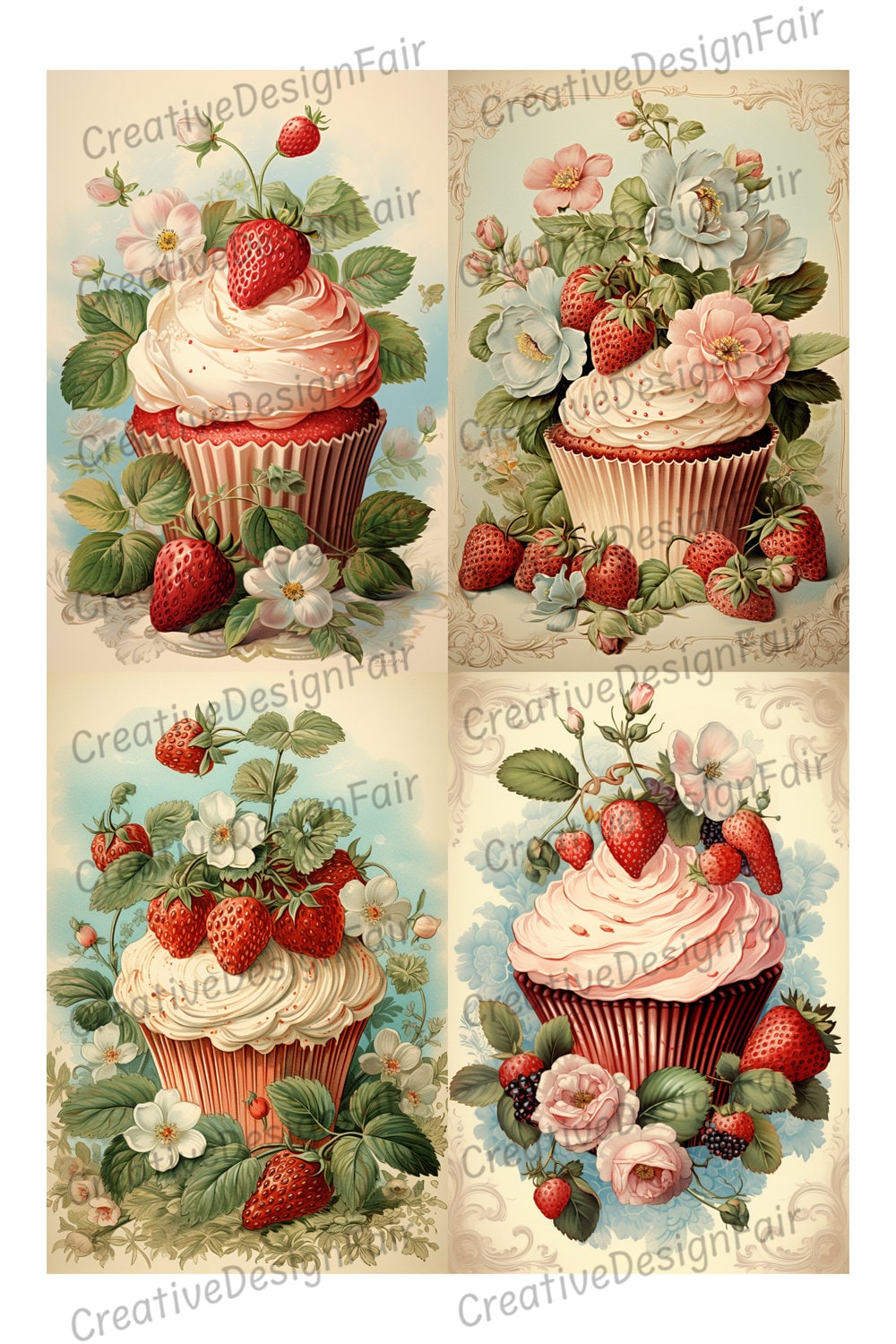 Victorian Cupcake Flowers Dessert Postcard Ephemera Junk Journal ...