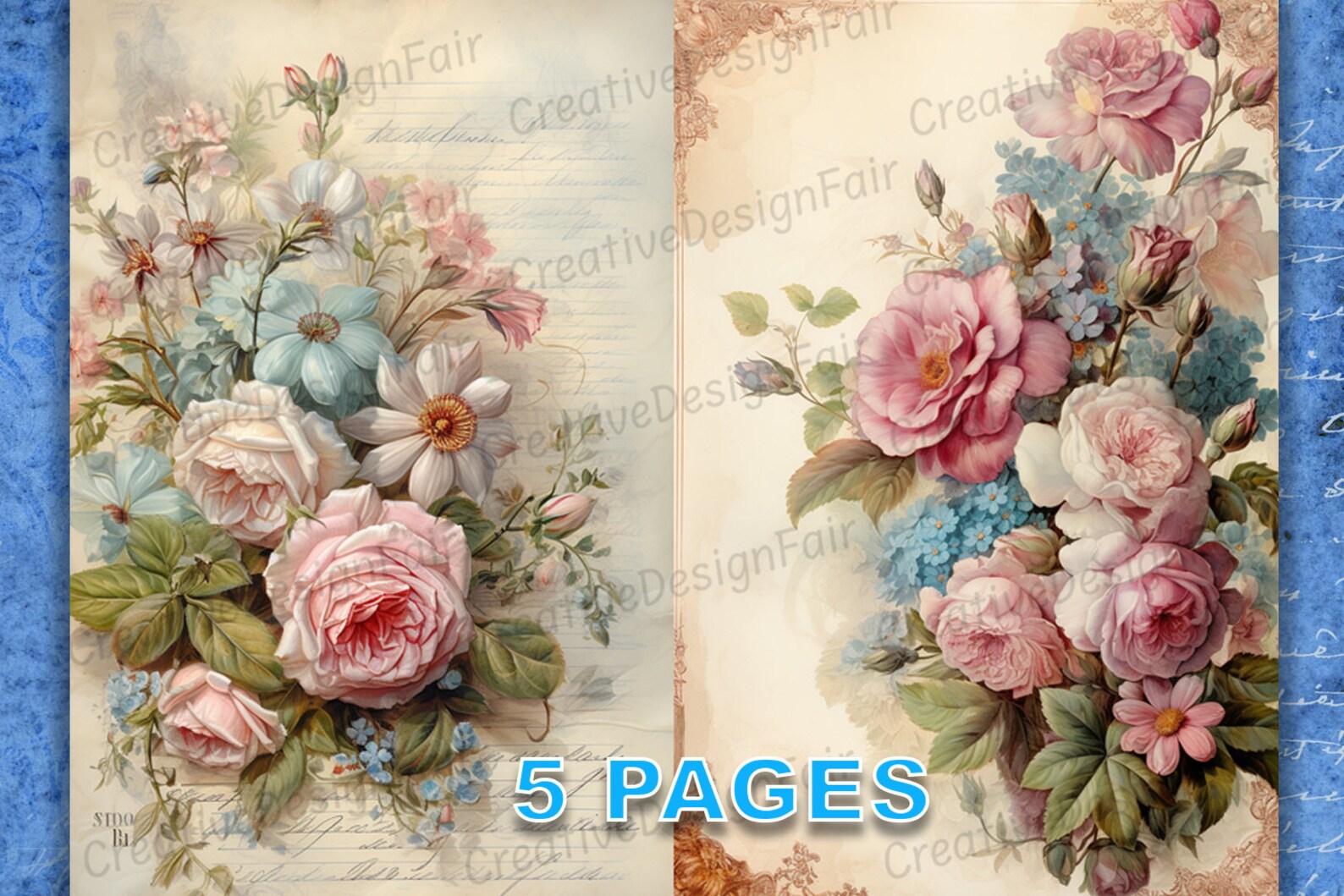 Victorian Pink Roses Flowers Postcard Ephemera Junk Journal Watercolor ...