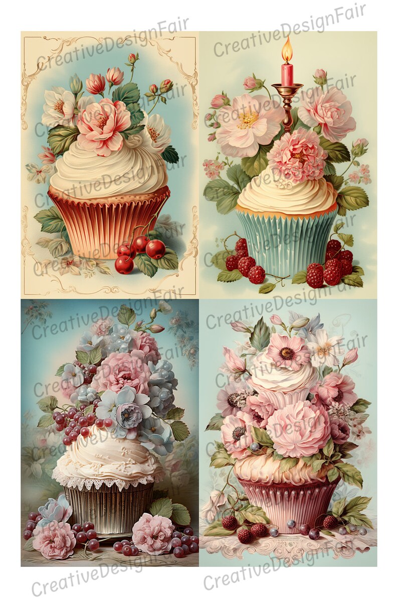 Victorian Cupcake Flowers Dessert Postcard Ephemera Junk Journal ...