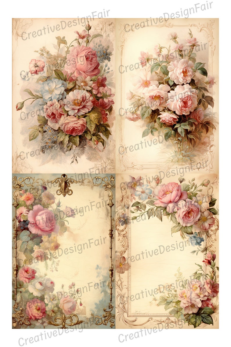 Victorian Pink Roses Flowers Postcard Ephemera Junk Journal Watercolor ...