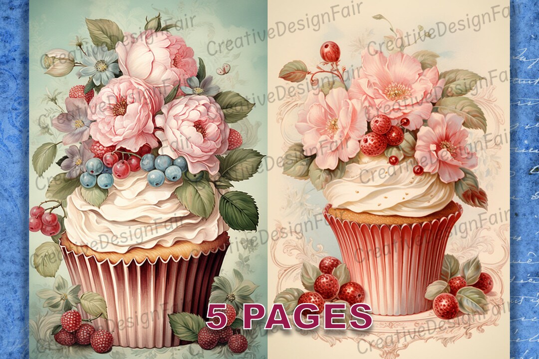 Victorian Cupcake Flowers Dessert Postcard Ephemera Junk Journal ...