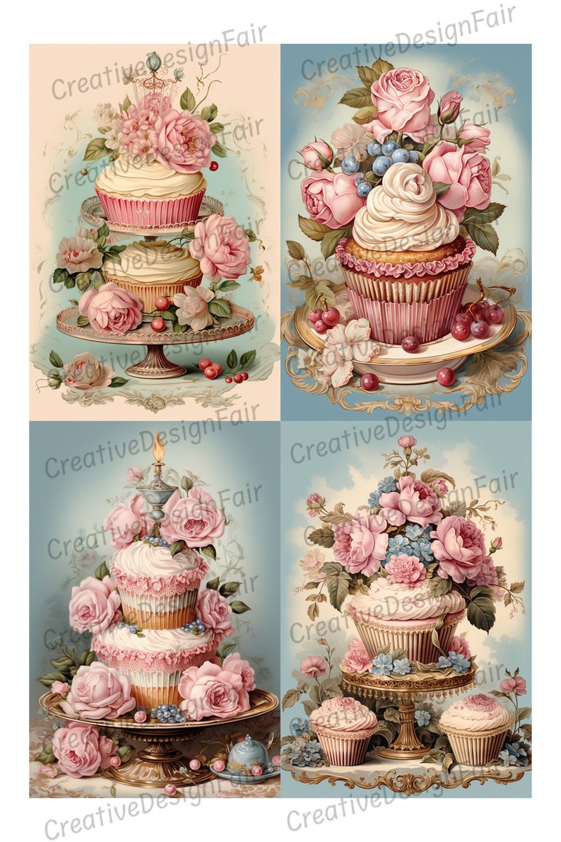 Victorian Cupcake Flowers Dessert Postcard Ephemera Junk Journal ...