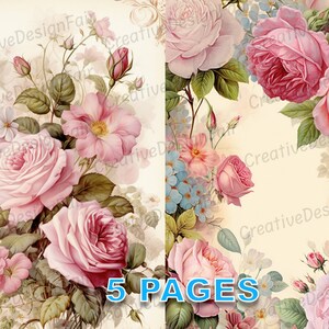 Victorian Pink Roses Flowers Postcard Ephemera Junk Journal Watercolor ...