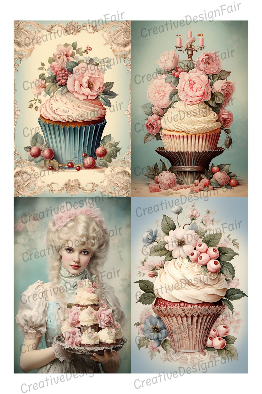 Victorian Cupcake Flowers Dessert Postcard Ephemera Junk Journal ...