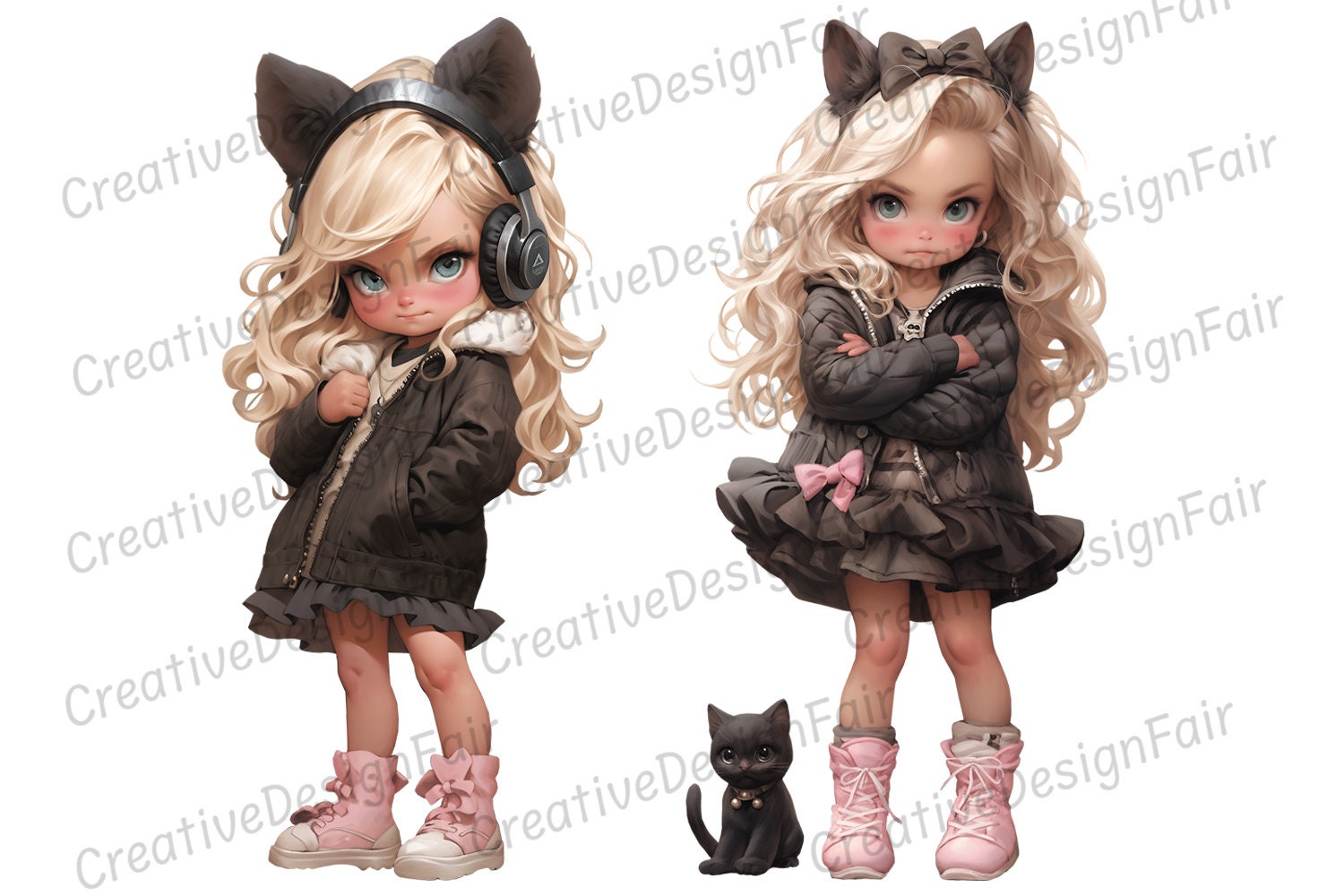 Little Grumpy Girl and Cat 10 PNG NO Background Clipart Ephemera Junk ...