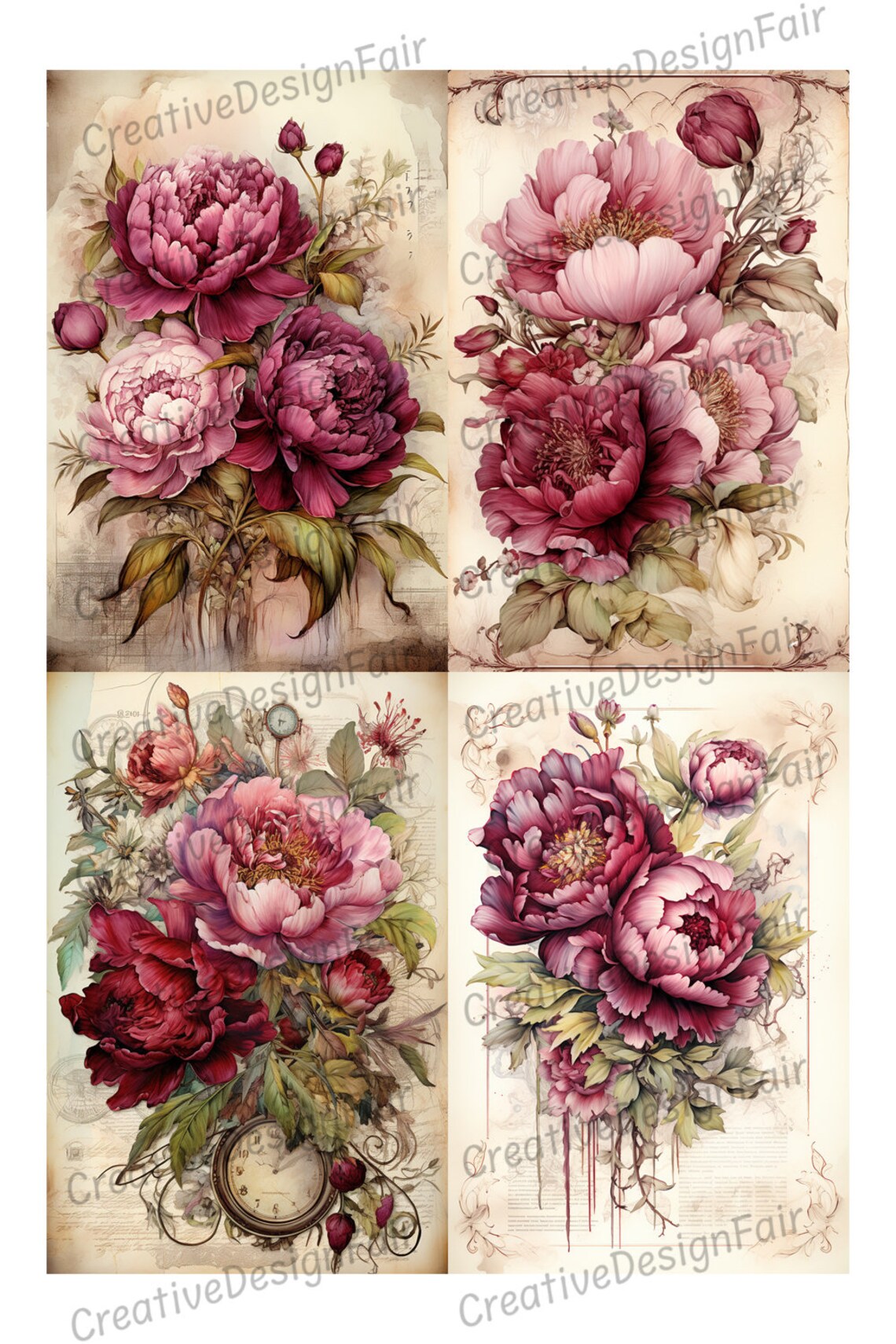 Burgundy Peony Flowers Ephemera: Victorian Watercolor Printable ...