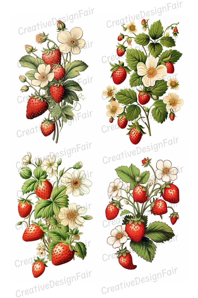 Strawberry Flowers Postcard Ephemera Junk Journal Victorian Watercolor ...