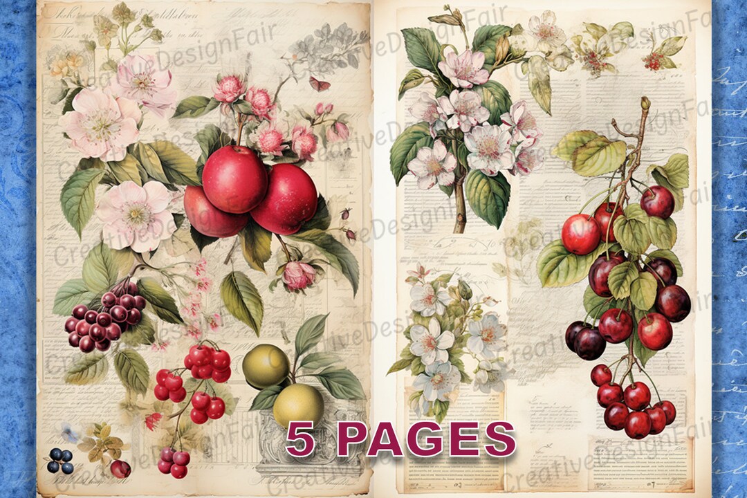 Fruits Flowers Victorian Ephemera Postcard Junk Journal Watercolor ...