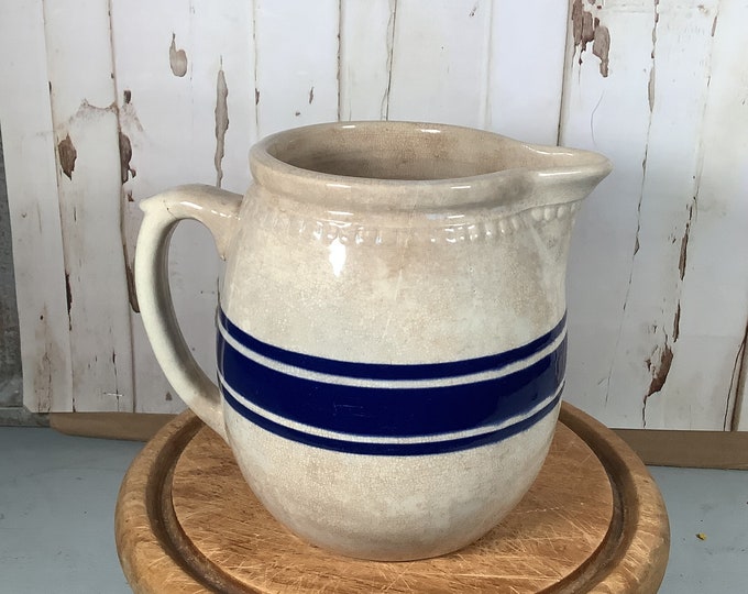 Vintage Stoneware Salt Glazed Pitcher With Blue Stripes, Water Pitcher ...