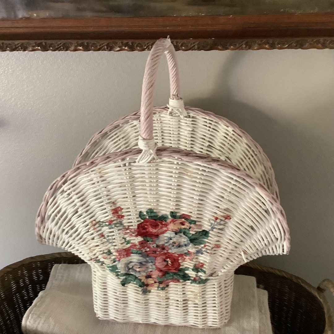 Antique Painted and Decoupage White Wicker Gathering Basket, Baskets - Etsy