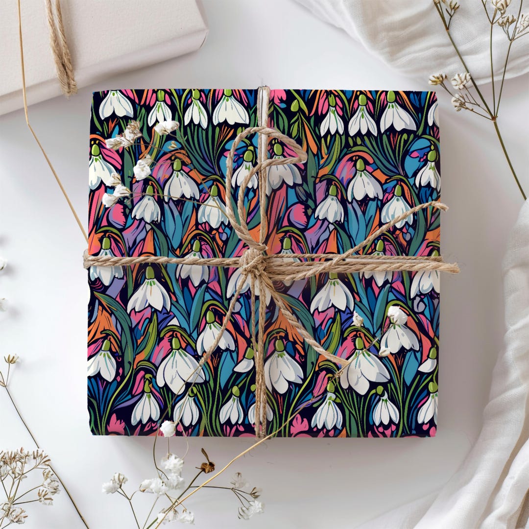 Brigid's Snowdrop Floral Gift Wrap Paper, Colorful Botanical Wrapping ...