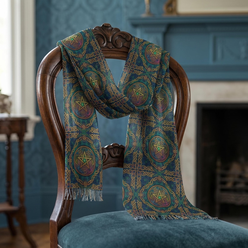 Celtic Pentacle Pattern Light Scarf, Floral Motif Shawl, Jewel Tone ...
