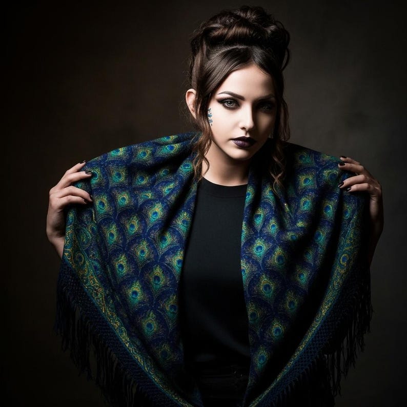 Peacock Feather Scarf Teal Fringe Shawl Wrap Hera Inspired Greek ...