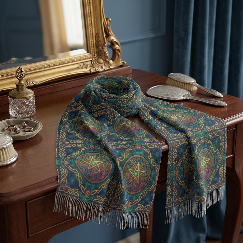 Celtic Pentacle Pattern Light Scarf, Floral Motif Shawl, Jewel Tone ...