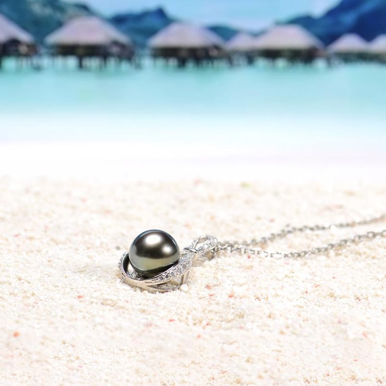 AAAA Tahitian Black Pearl Pendant Necklace, Sterling Silver With ...