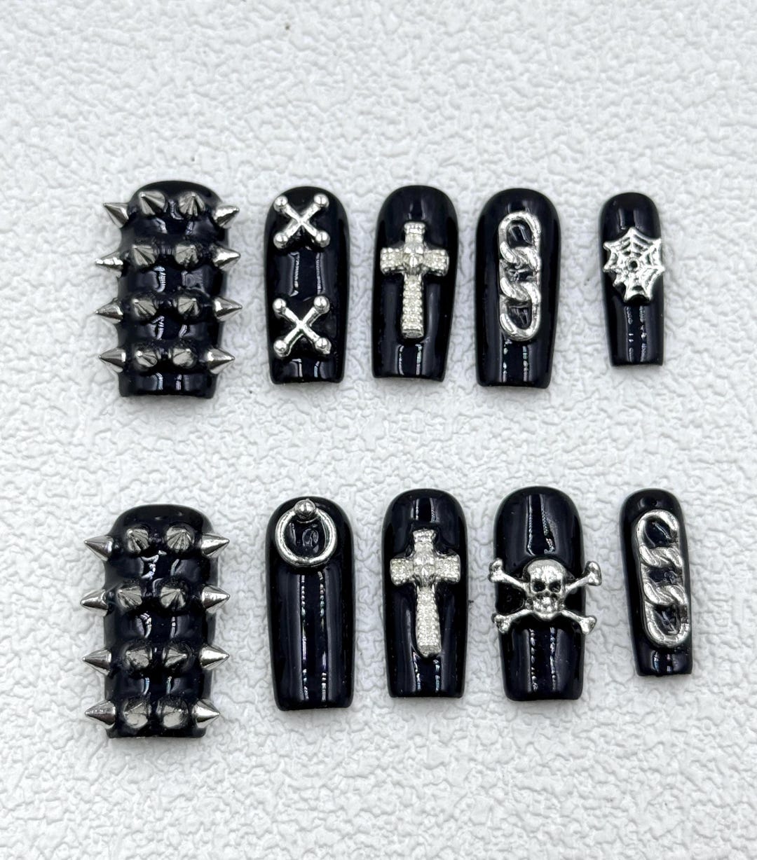 Halloween 3D Studded Biker Punk Press-on Nails – Rock & Goth Skulls ...