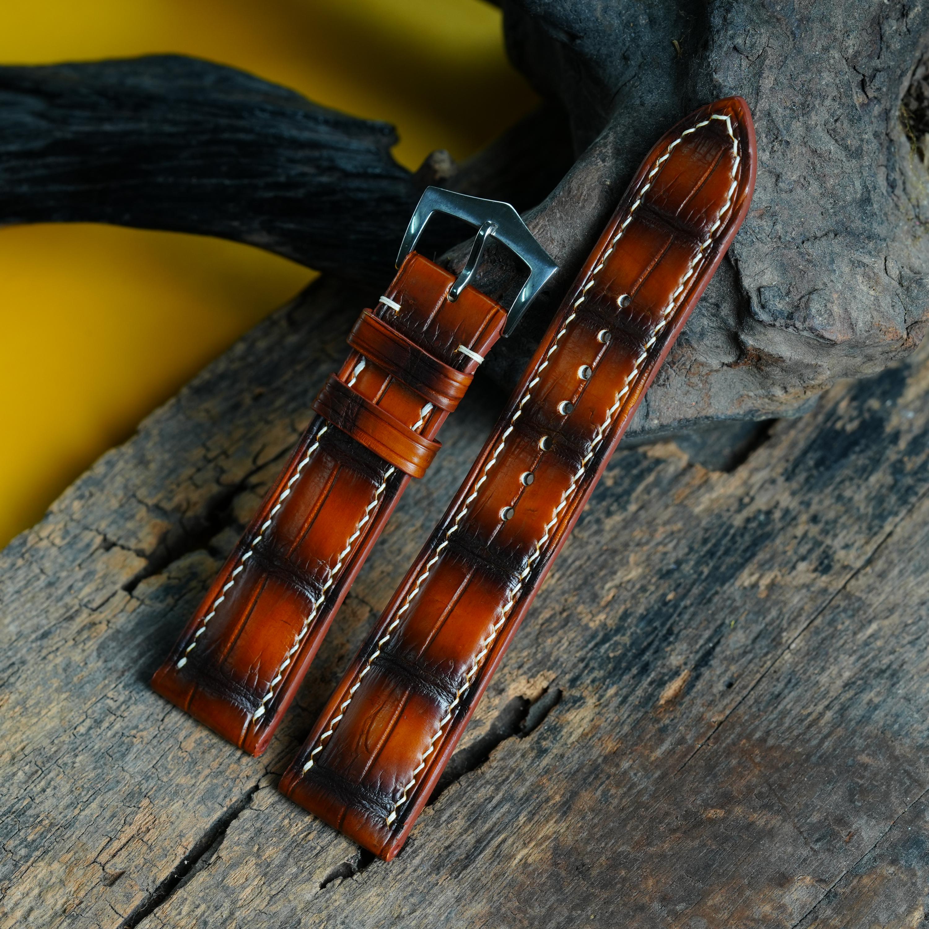 Patina Brown Aligatoor Leather Watch Strap Hornback Customizable Sizes ...