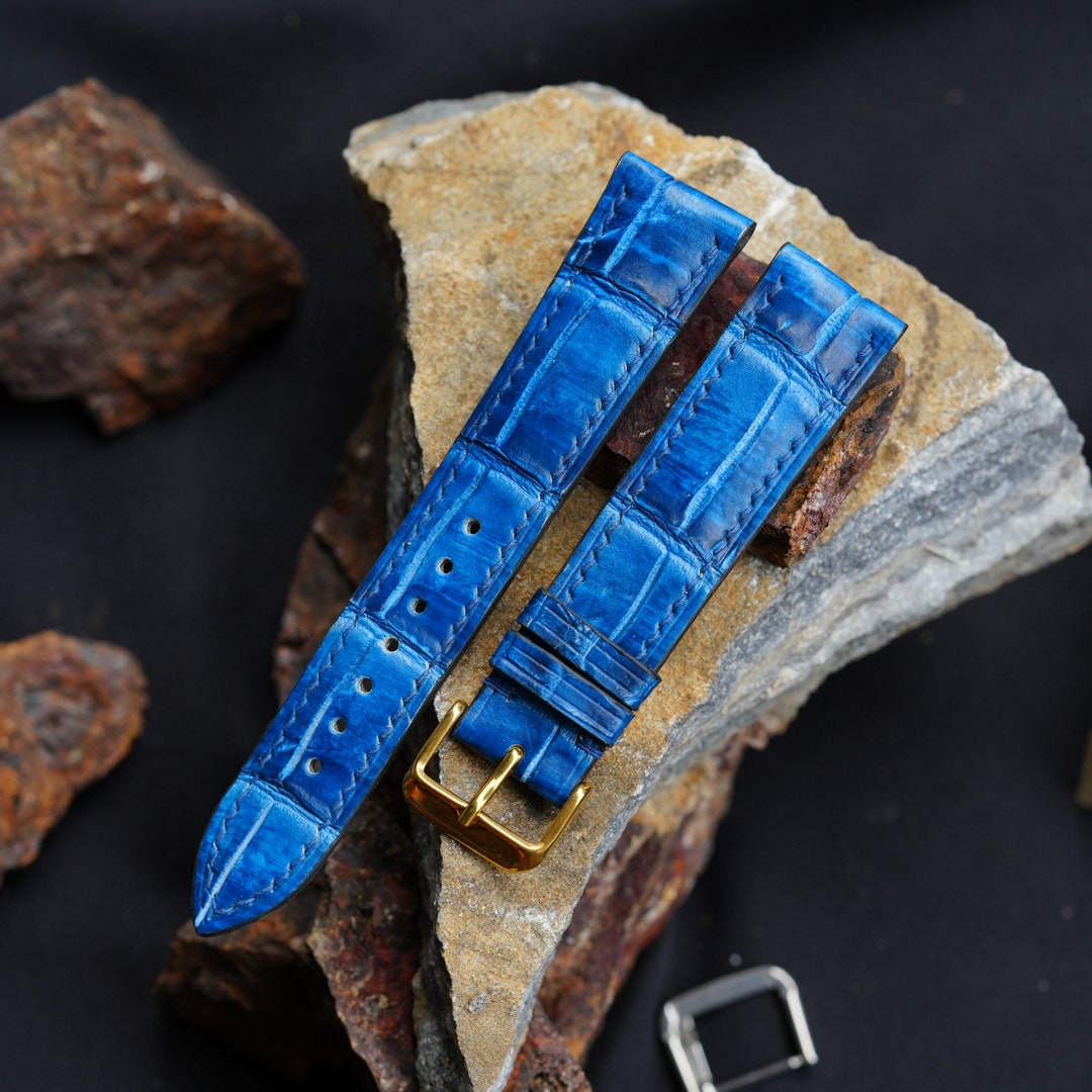 Patina Blue Alligator Leather Watch Strap, Handmade Blue Alligator ...