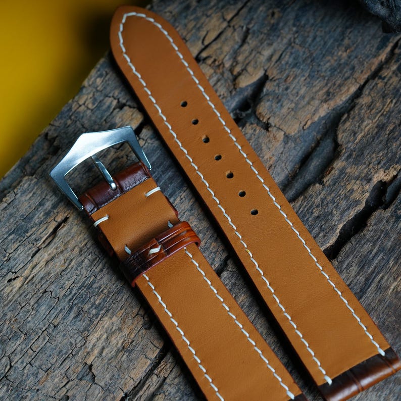 Patina Brown Aligatoor Leather Watch Strap Hornback Customizable Sizes ...