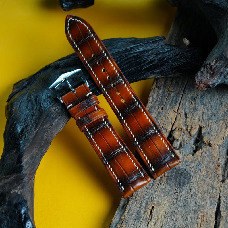 Patina Brown Aligatoor Leather Watch Strap Hornback Customizable Sizes ...