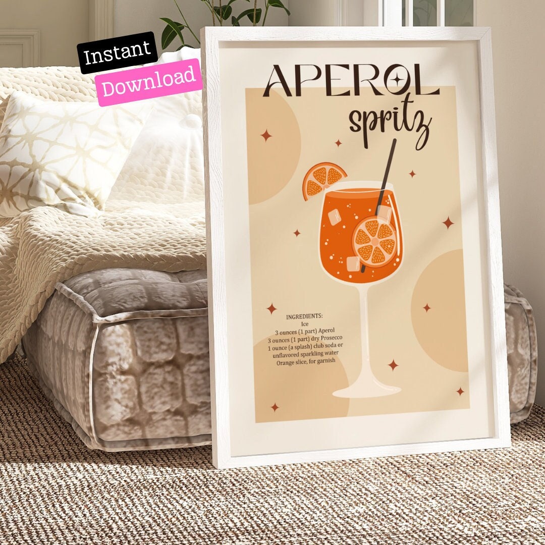 Aperol Spritz Cocktail Print, Fun, Vibrant Kitchen Bar Decor, Retro ...