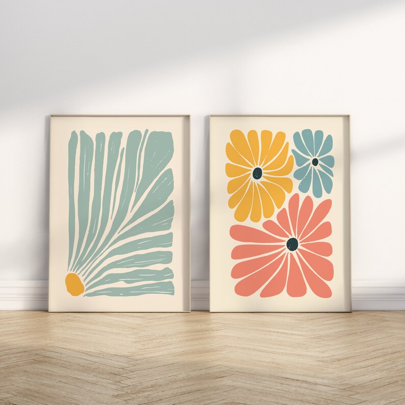 70s Style MINIMAL Flower Design Printable POSTER, 2 Piece Digital Wall ...