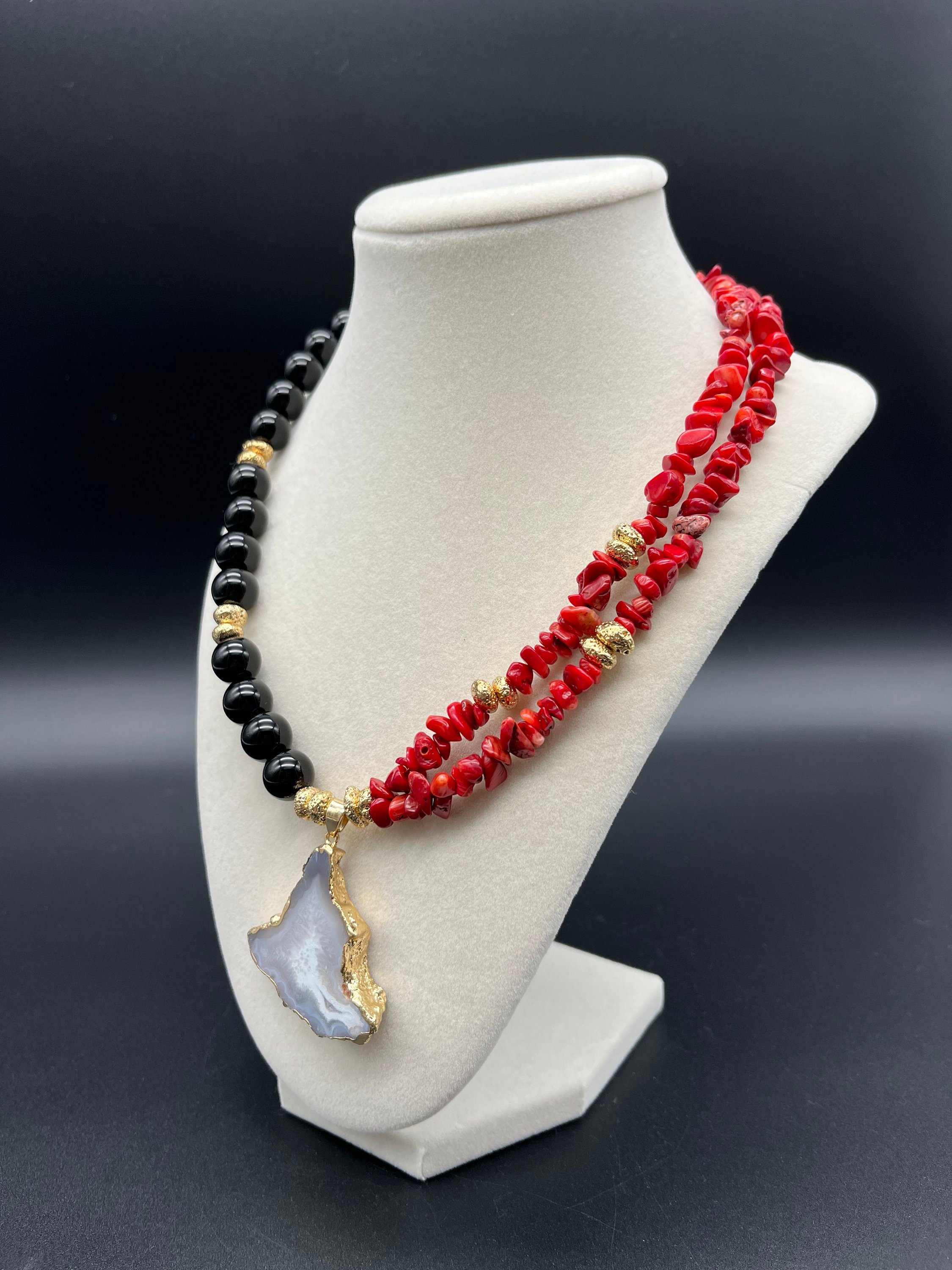 Handmade Black Jasper & Red Coral Necklace – Druzy Agate Pendant - Etsy