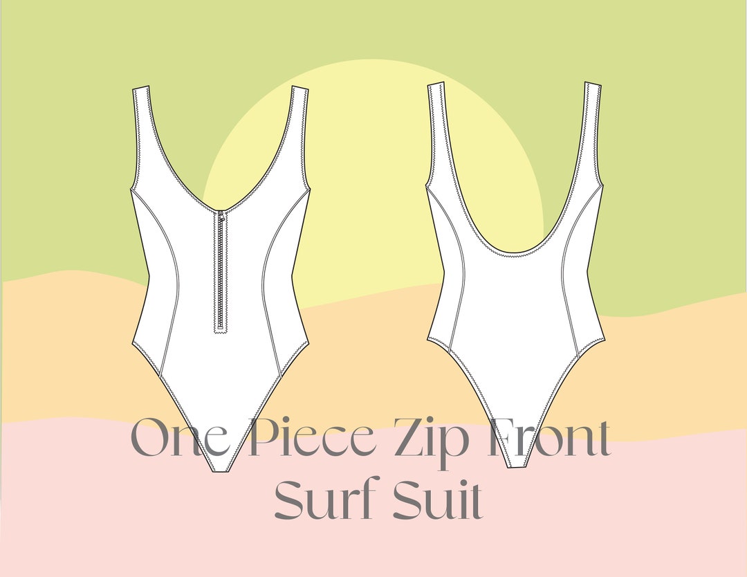 One Piece Zip Front Surf Suit CAD Swim Vector Technical Drawing - Etsy