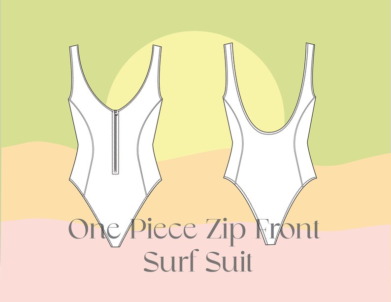 One Piece Zip Front Surf Suit CAD Swim Vector Technical Drawing - Etsy