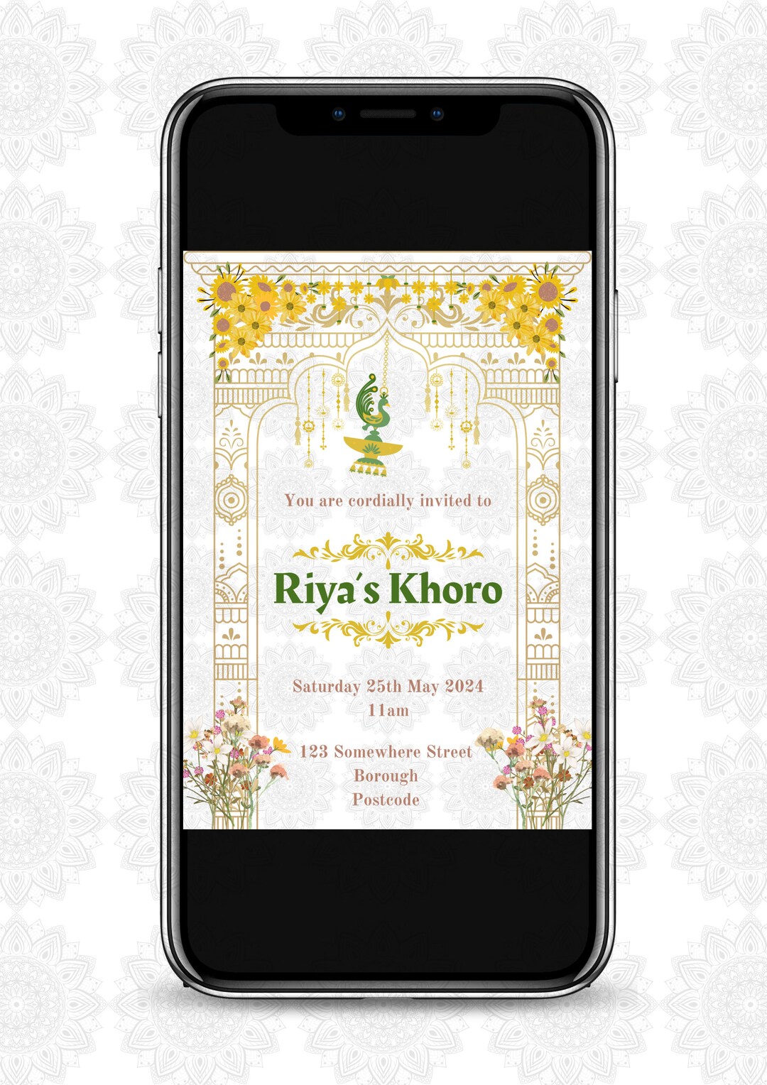 Animated Indian Baby Shower Invitation GIF Short Video Flowers Khoro Godh Bharai Editable Link ...