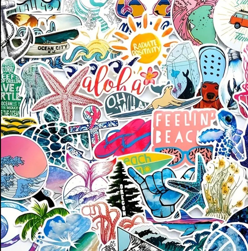 Beachy Stickers Pack Waterproof Vinyl Decals Surfboard Stickers Beach ...