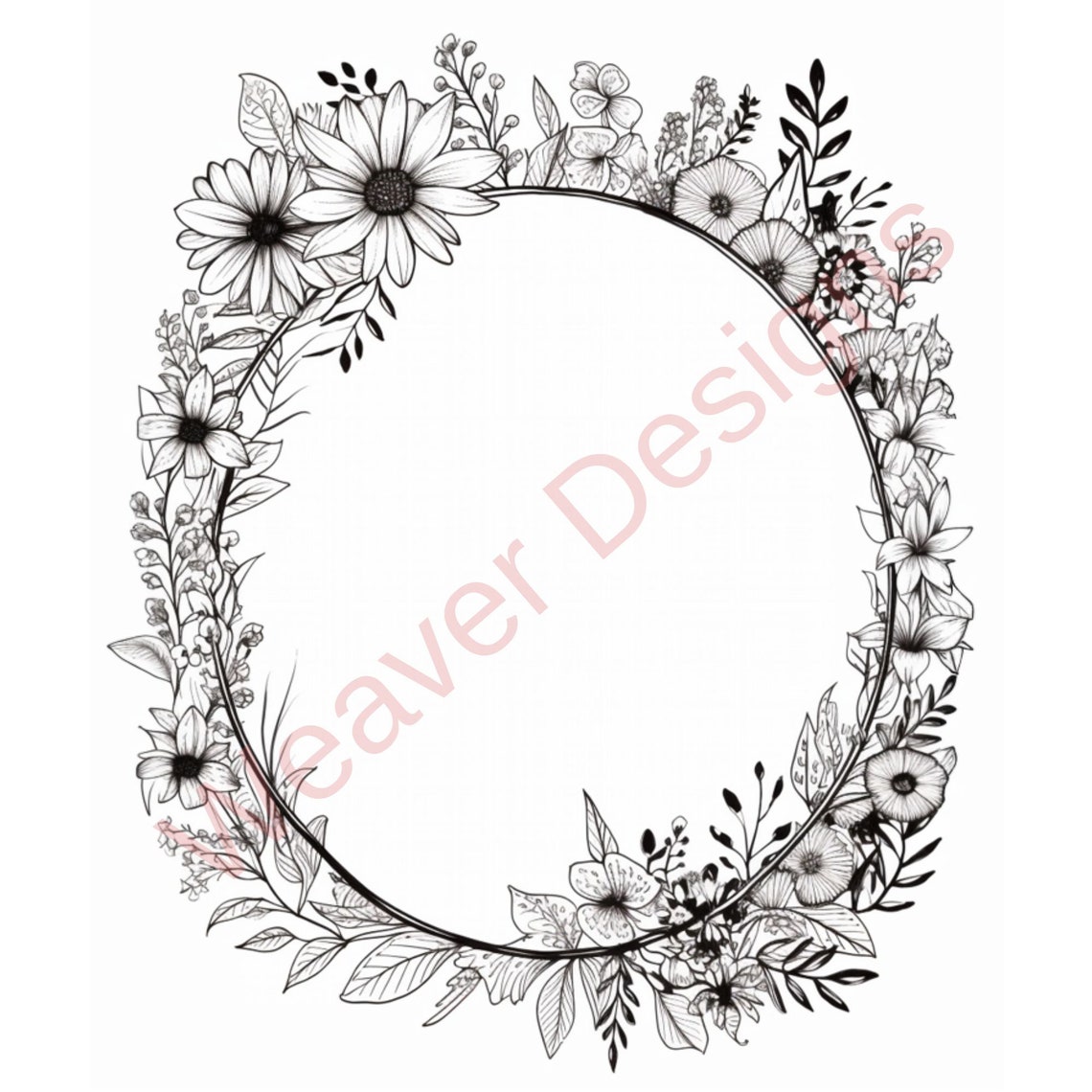 Black and White Flower Borders, Linework Flower Border, Round, Oval ...