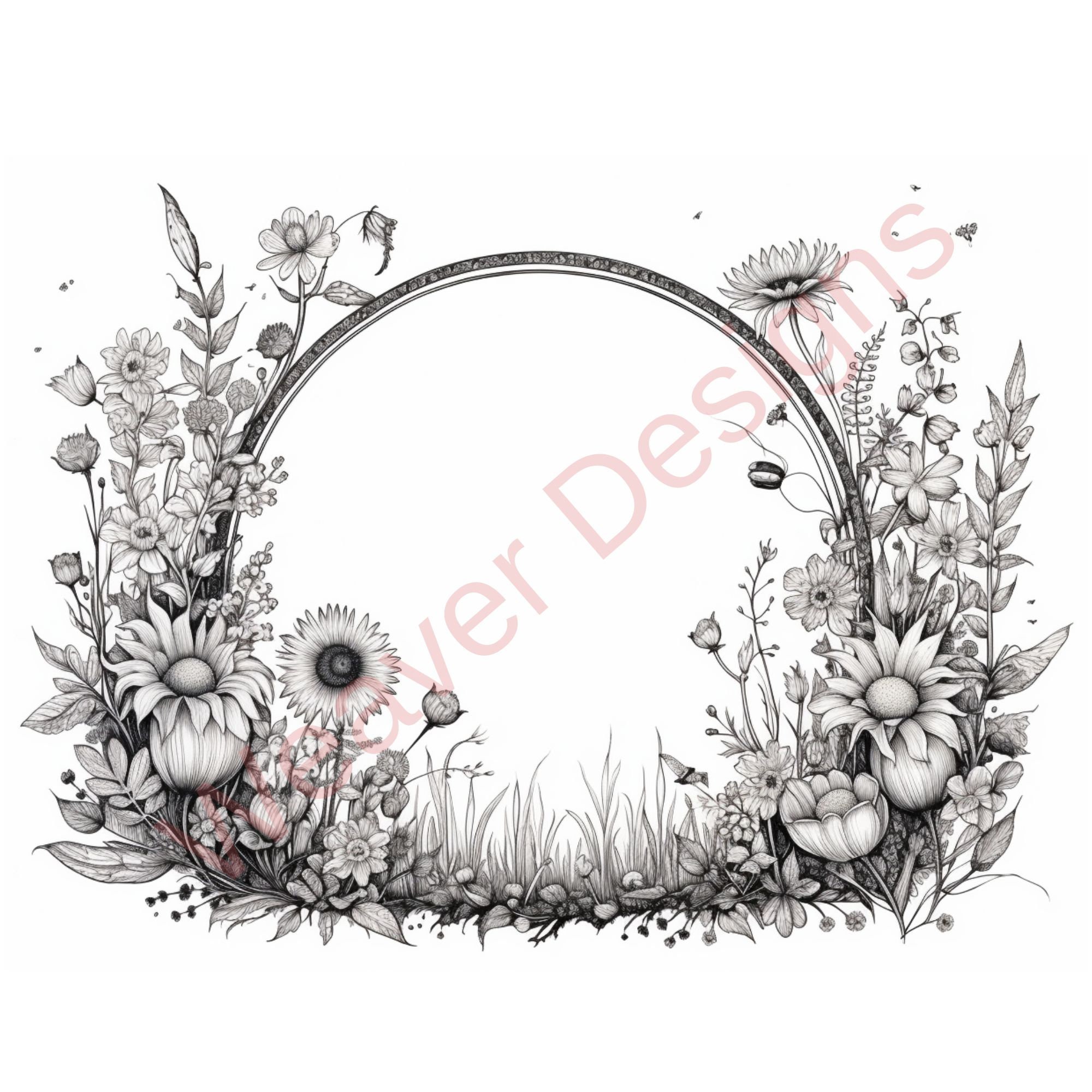 Black and White Flower Borders, Linework Flower Border, Round, Oval ...