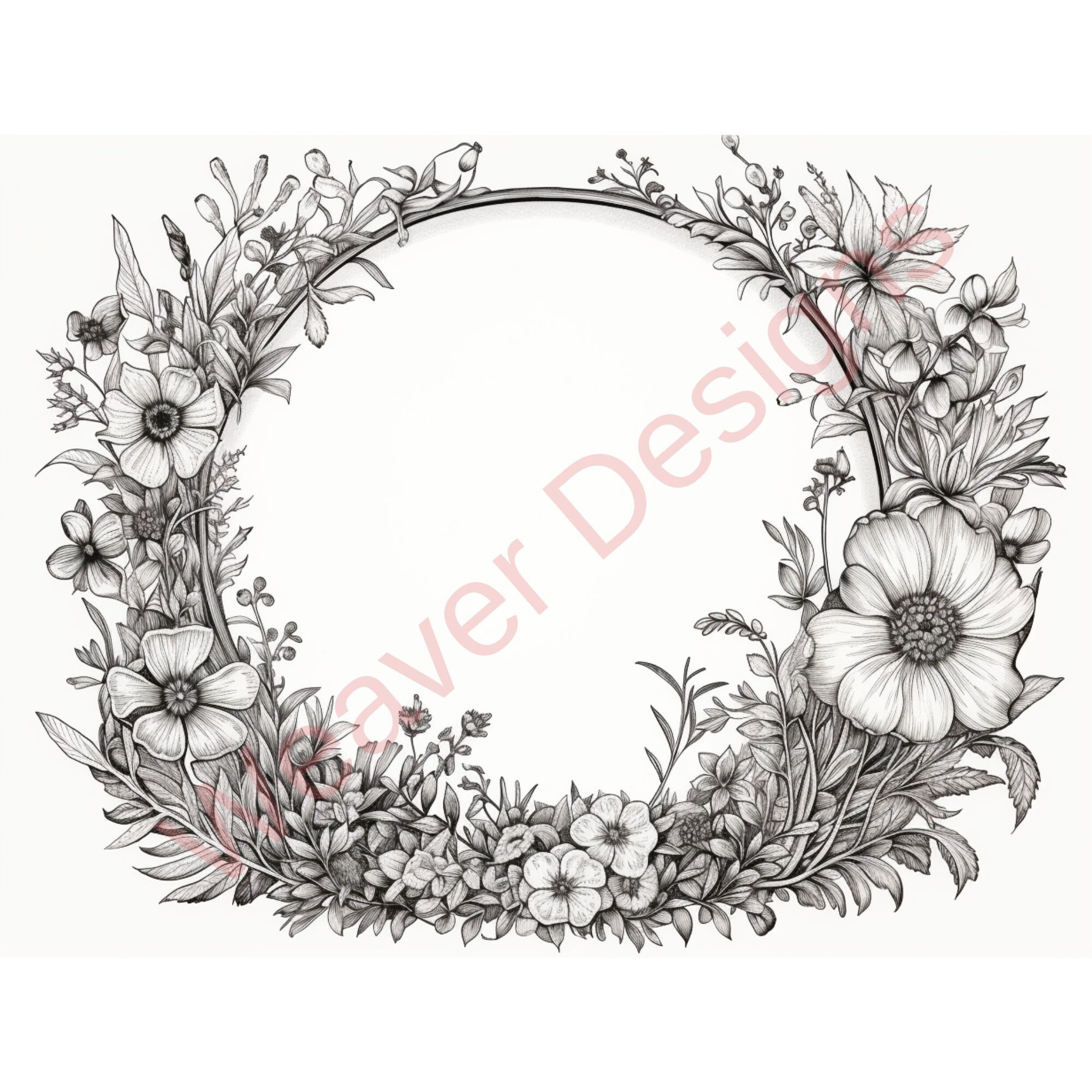Black and White Flower Borders, Linework Flower Border, Round, Oval ...