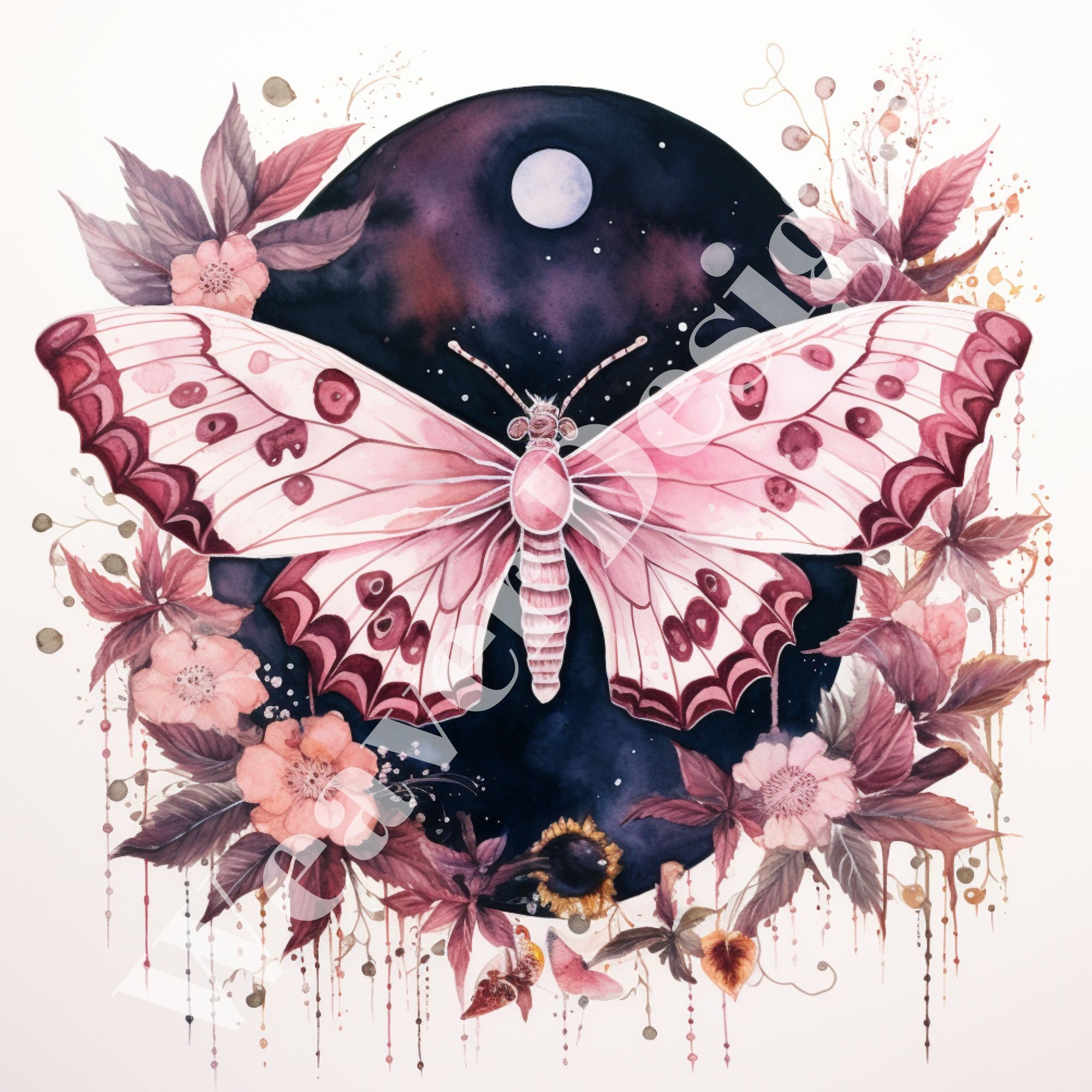 Full Moon Lunar Moths, Digital Paper, Scrapbook Paper, Sublimation ...