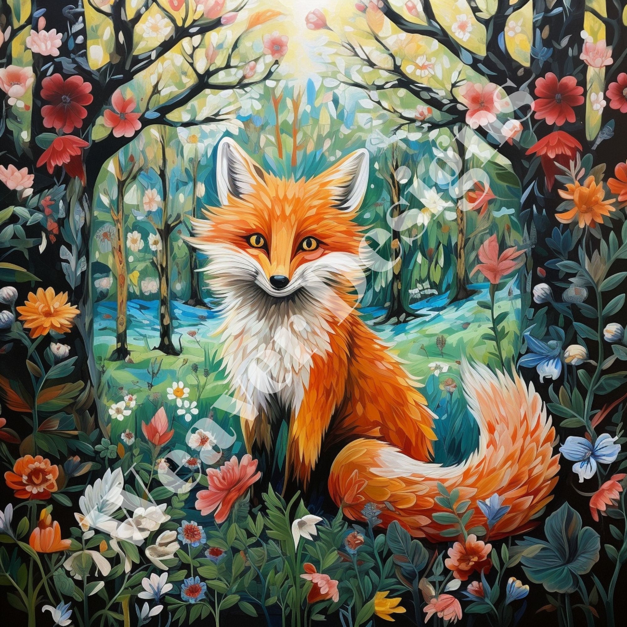 Folk Art Fox in the Forest, 4 Seasons, Digital Paper, Scrapbook Paper ...