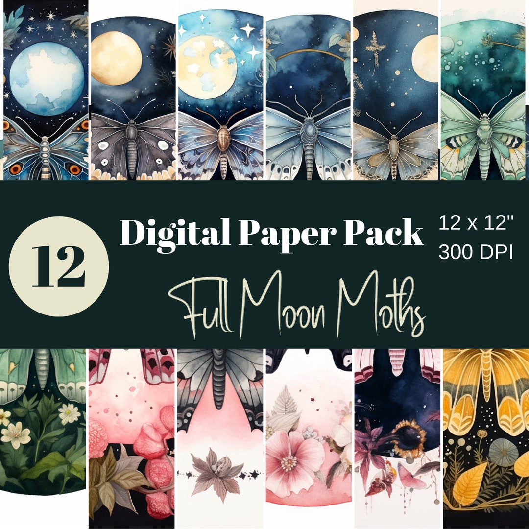 Full Moon Lunar Moths, Digital Paper, Scrapbook Paper, Sublimation ...