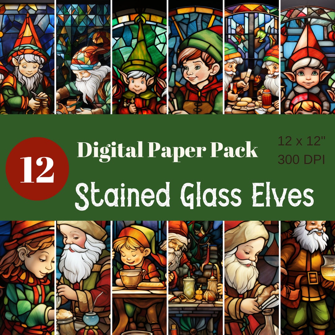 Stunning Stained Glass Elves Collection, Santa, Digital Paper ...