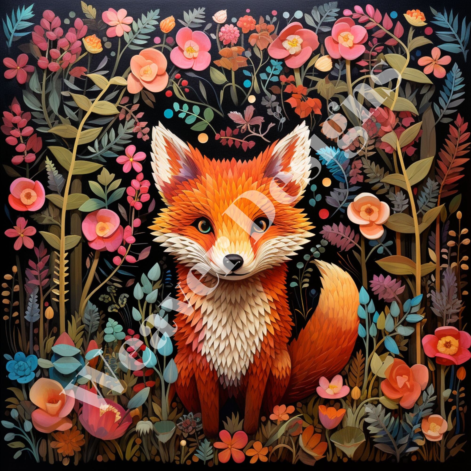 Folk Art Fox in the Forest, 4 Seasons, Digital Paper, Scrapbook Paper ...