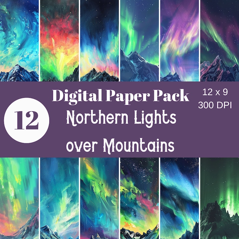 Northern Lights Over Mountain Ranges, Aurora Borealis, Digital Paper ...
