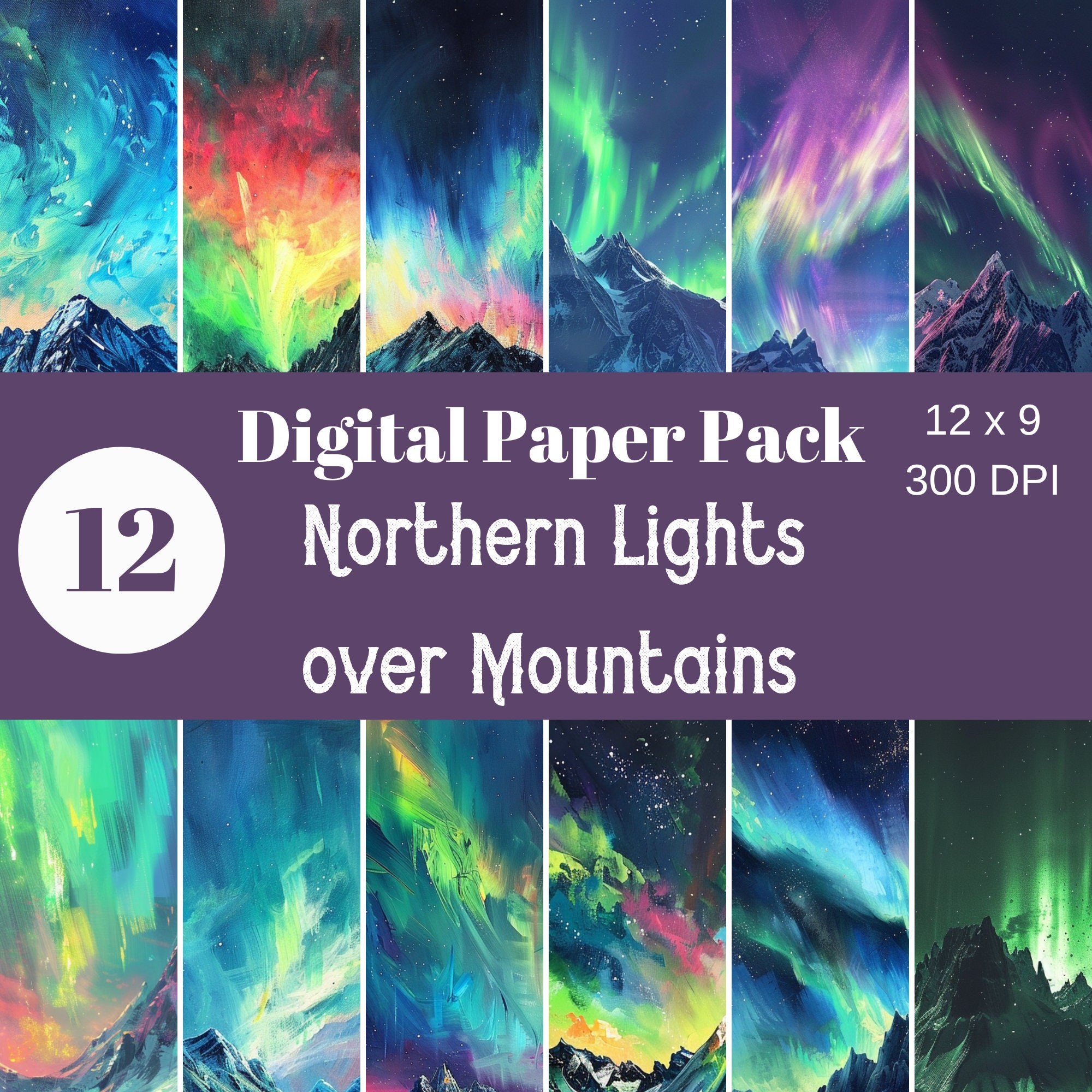 Northern Lights Over Mountain Ranges, Aurora Borealis, Digital Paper ...