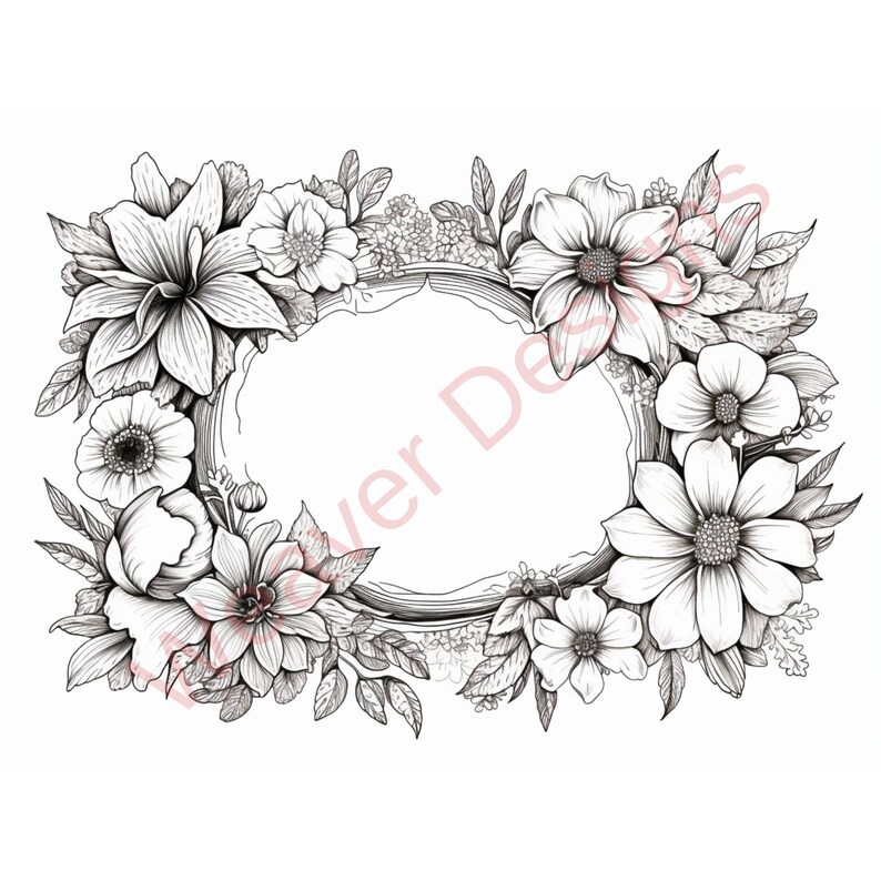 Black and White Flower Borders, Linework Flower Border, Round, Oval ...