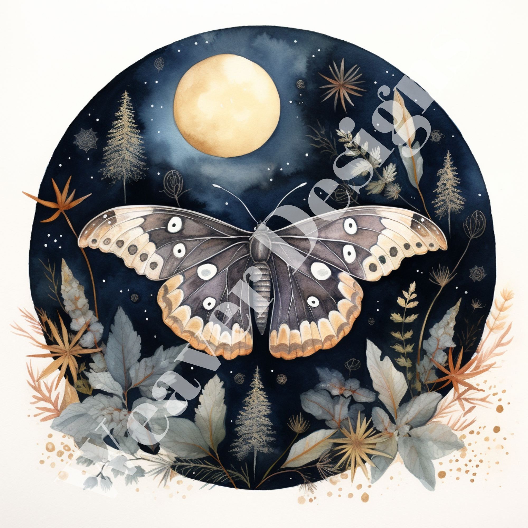 Full Moon Lunar Moths, Digital Paper, Scrapbook Paper, Sublimation ...